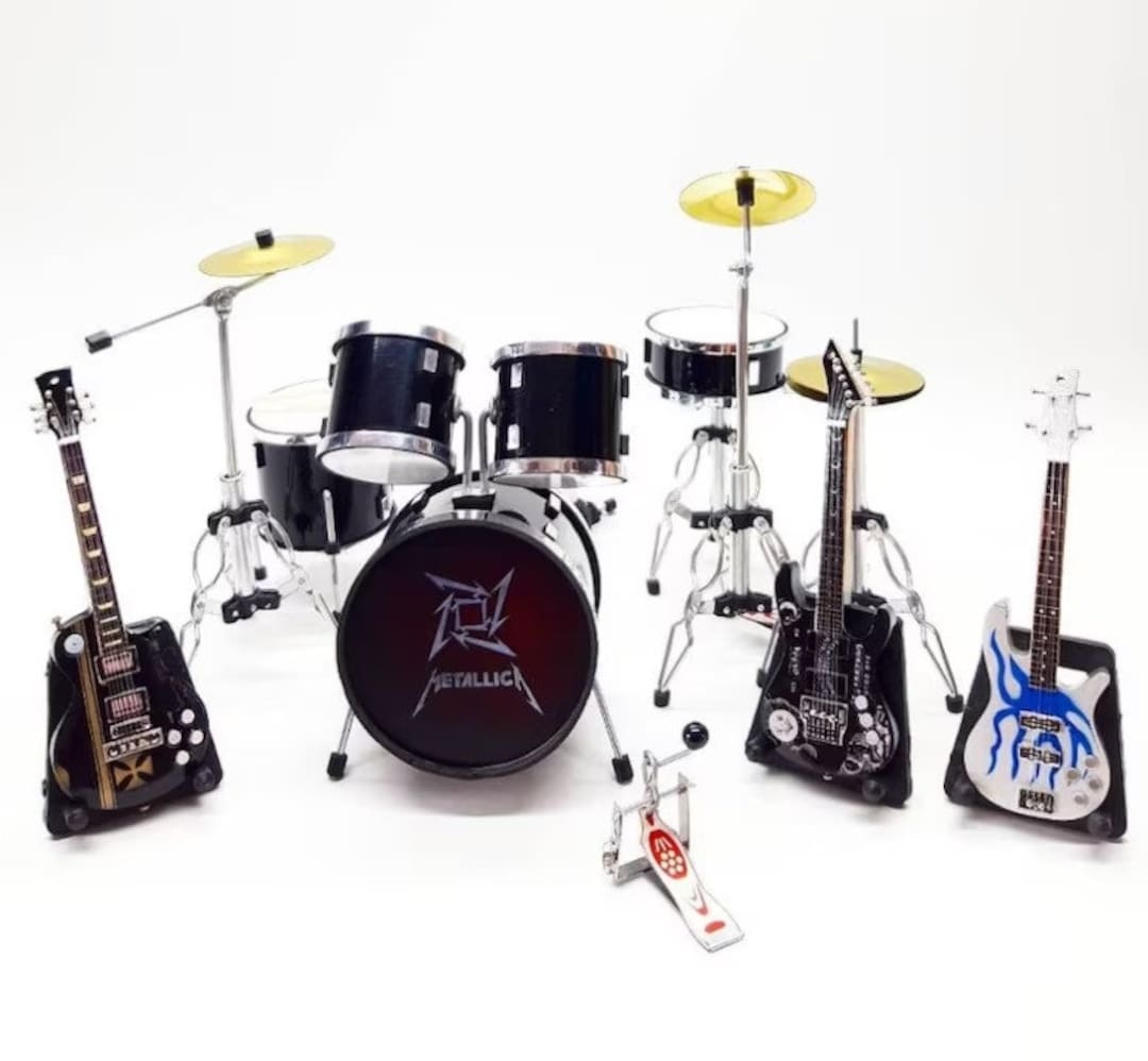 Miniature Drum Set Black and 3 Guitars Instrument Display Christmas New ...