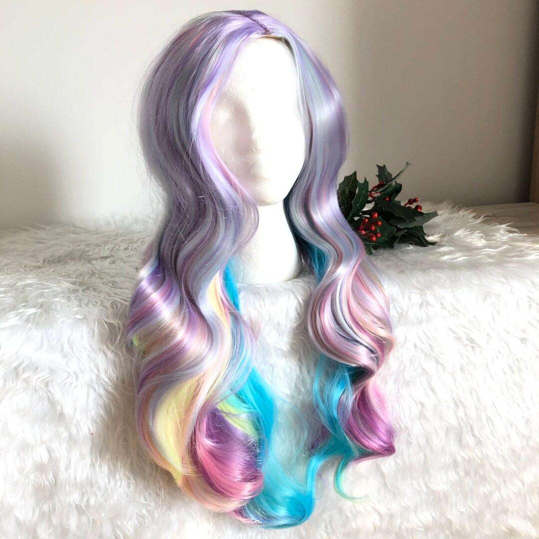 Long Curly Multi-color Rainbow Synthetic Cosplay Full Wig for Halloween ...