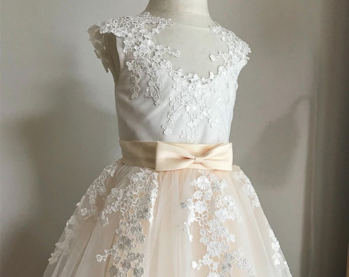 Lace Champagne Flower Girl Dress Tulle Flower Girl Dress Illusion