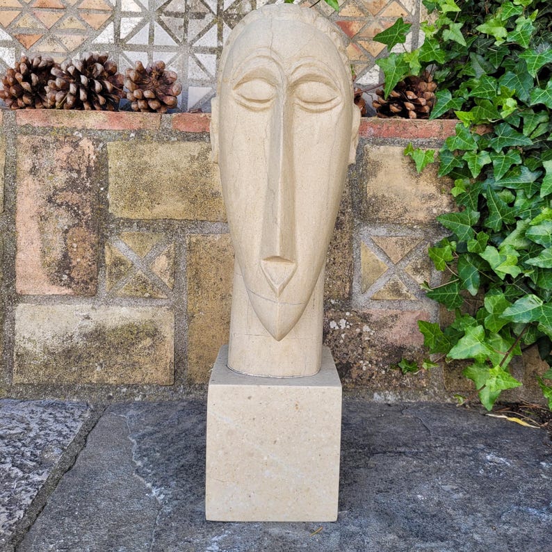 Modigliani-inspired Stone Head Sculpture | Indoor & Outdoor Garden ...