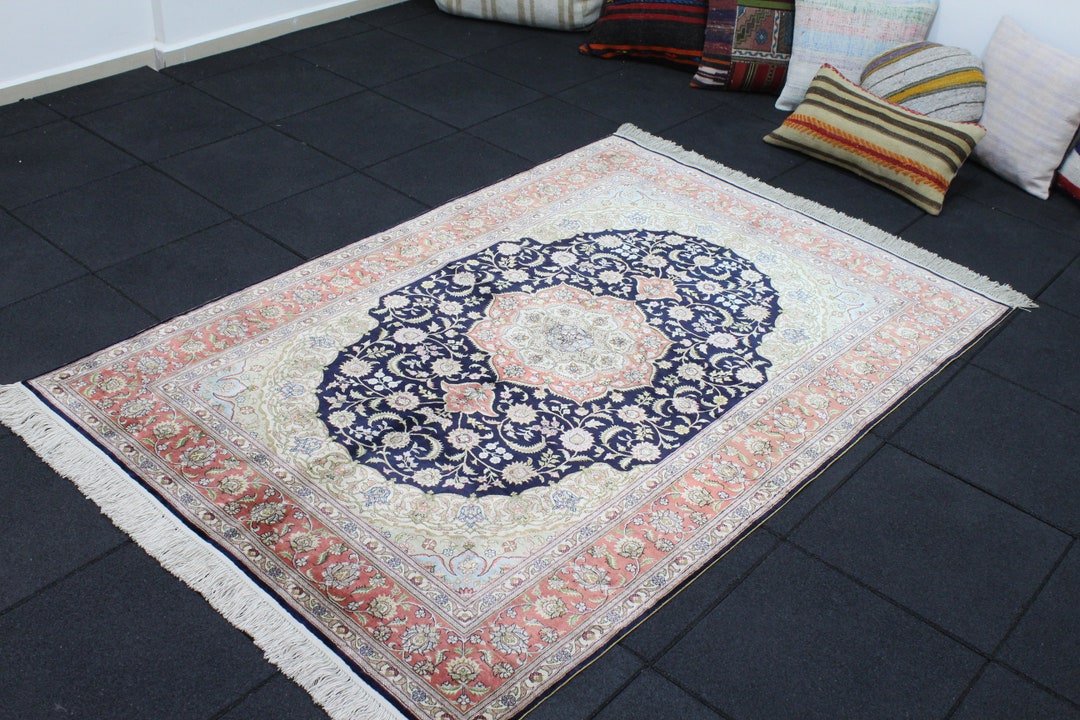 Navy Vintage Silk Rug, 4x6 Feet, Black Slik Rug, Handmade Rug, Persian ...