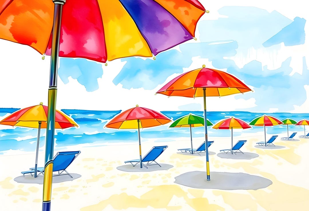 Watercolor Painting Summer Beach With Beach Umbrellas Digital Art ...