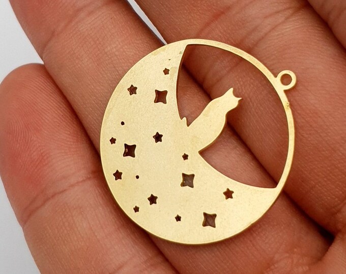 2 Pcs Raw Brass Laser Cut Sky Cat Talisman İn the Jewelry, Crescent ...