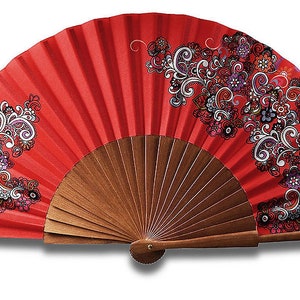 Primavera Red Handcrafted Fan in Pear Wood and Cotton Fabric, Hand Fan ...