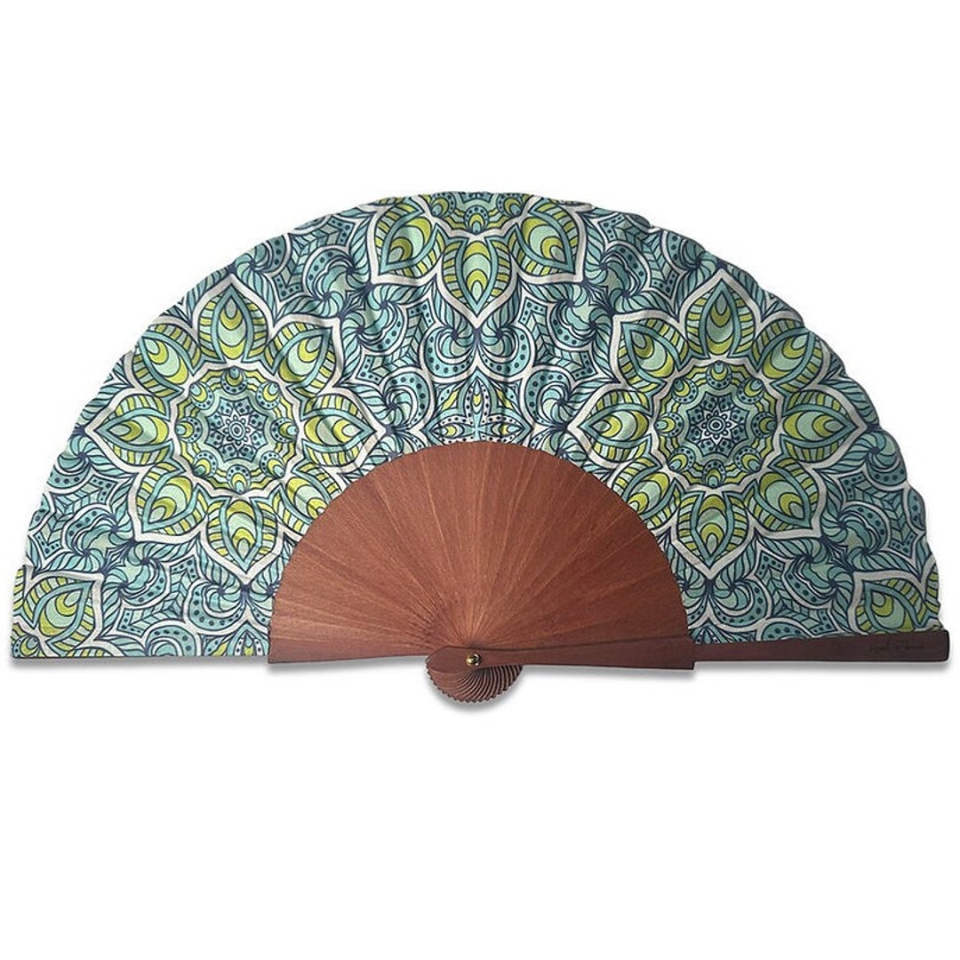 Handcrafted Fan With Blue and Green Mandala Patterns, Handmade Fan in ...