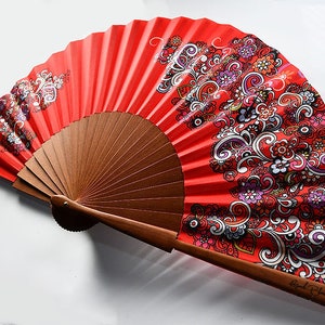 Primavera Red Handcrafted Fan in Pear Wood and Cotton Fabric, Hand Fan ...