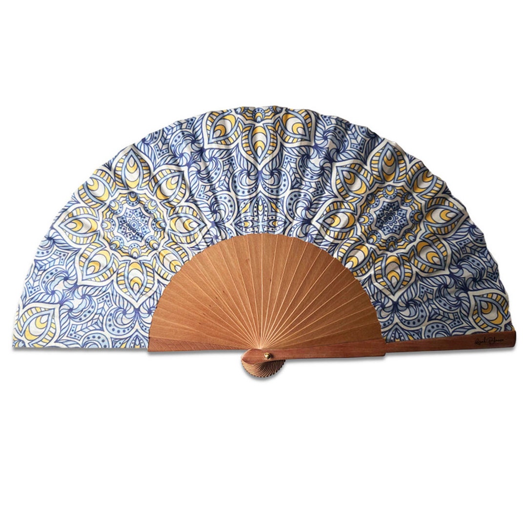 Handcrafted Fan With Blue and Yellow Mandala Patterns, Hand Fan in Pear ...
