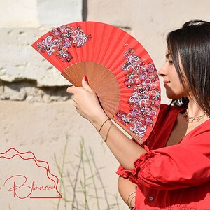 Primavera Red Handcrafted Fan in Pear Wood and Cotton Fabric, Hand Fan ...