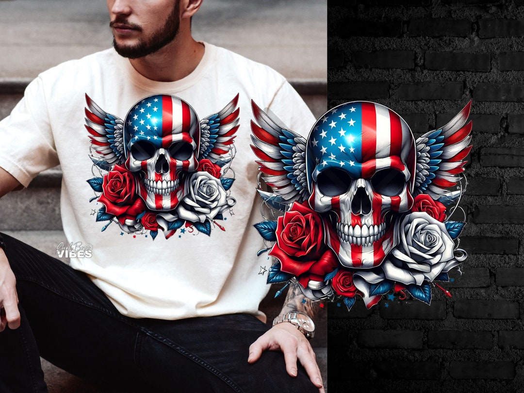 Patriotic Freedom Skull Head PNG, American Flag Skull & Roses ...
