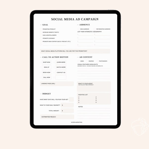Social Media Worksheet - Etsy