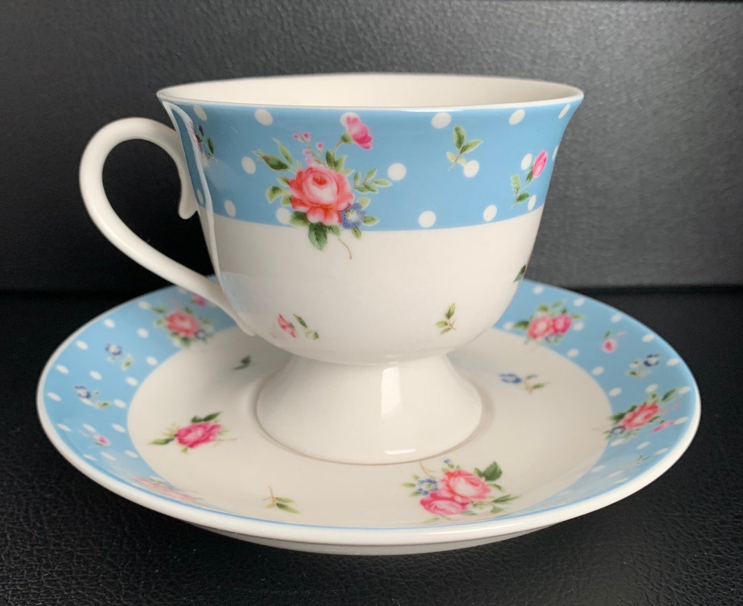 Nantucket Home Floral Teacup and Saucer Set Blue Border With Pink Roses ...