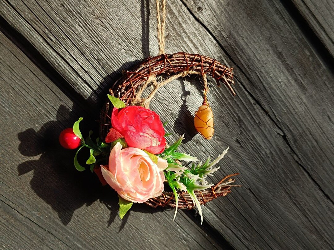 Bookshelf Moon Wreath With Raw Quartz Crystal Witchy Car - Etsy