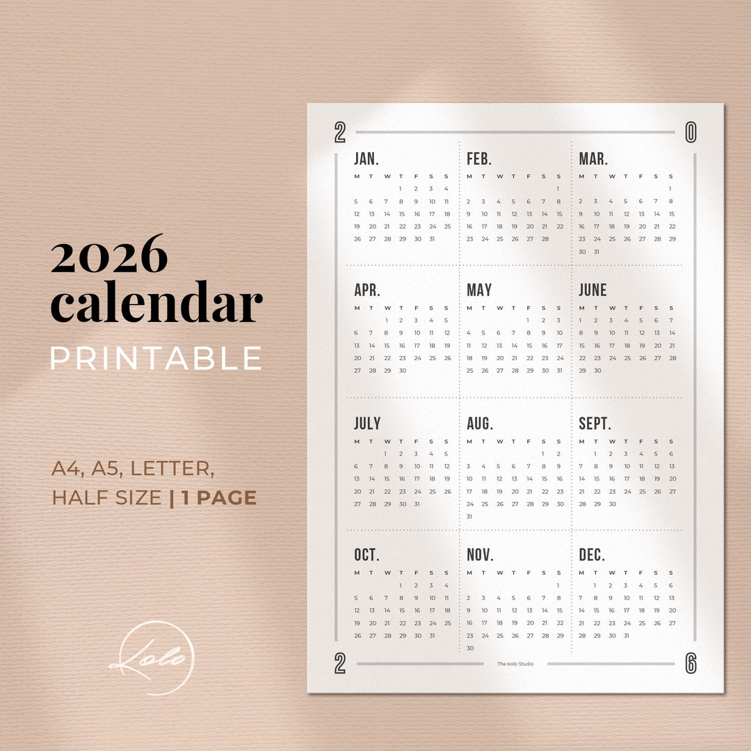 Printable Yearly Calendar 2026 Desk Calendar Wall Calendar - Etsy