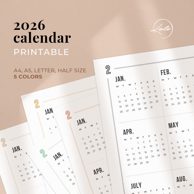 Printable Yearly Calendar 2026 Desk Calendar Wall Calendar - Etsy