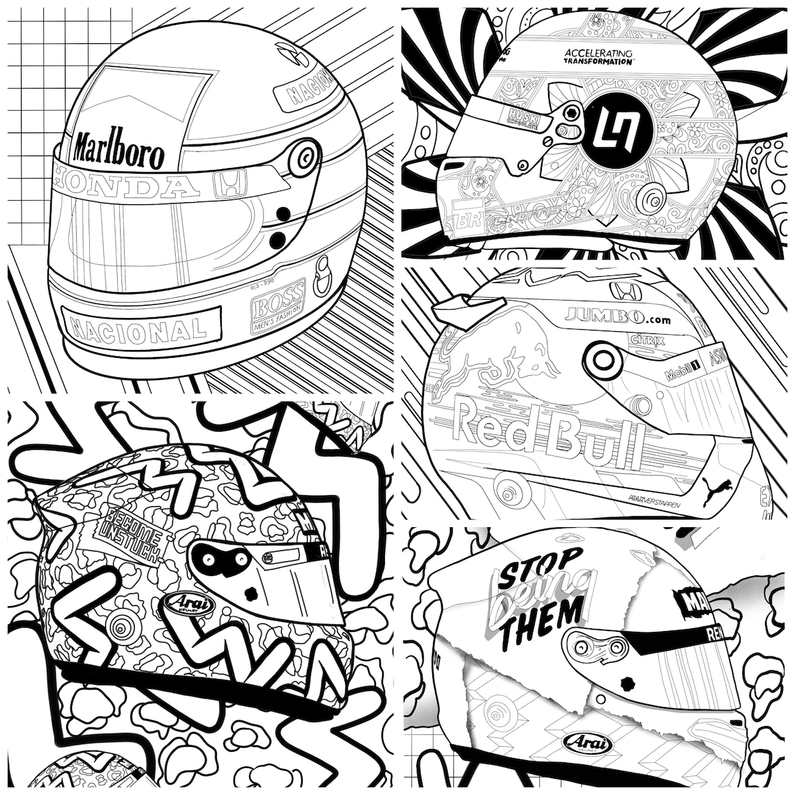 Formula 1 Helmet Colouring Pages // Set of 5 F1 Printables | Etsy UK