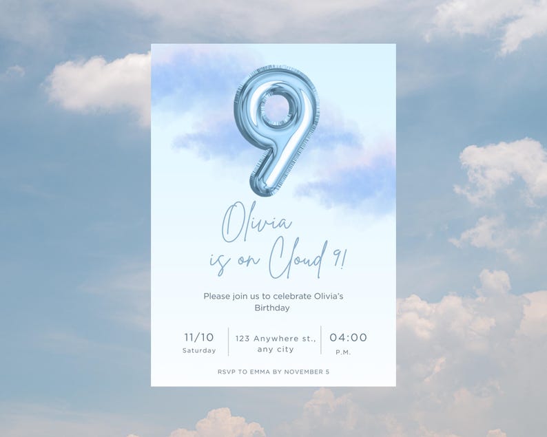 Cloud 9 Birthday Invitation: Dreamy Pastel Party, Editable Template ...