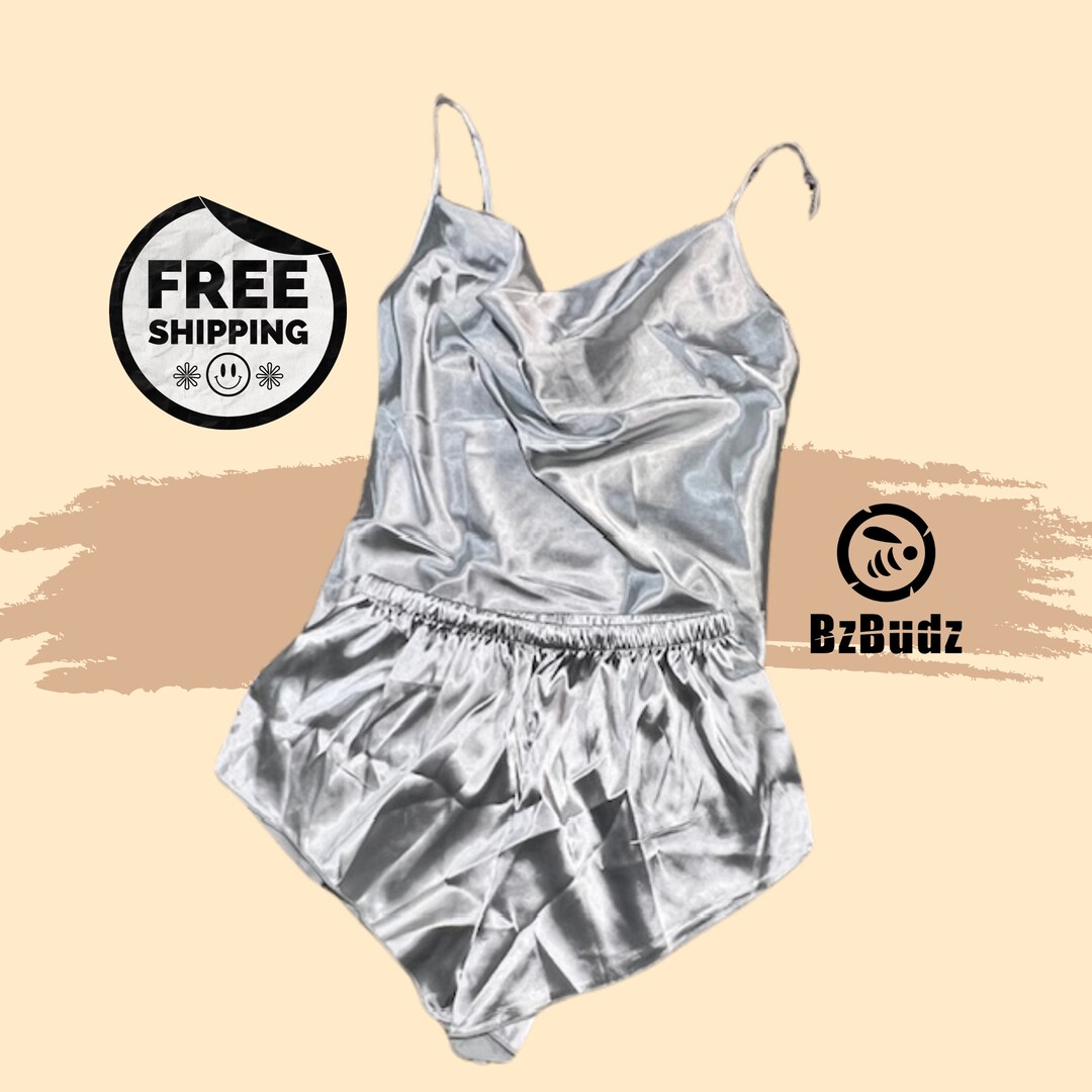 Romantic Short Satin Lingerie Set, Cami Top With Elastic Waist Shorts ...