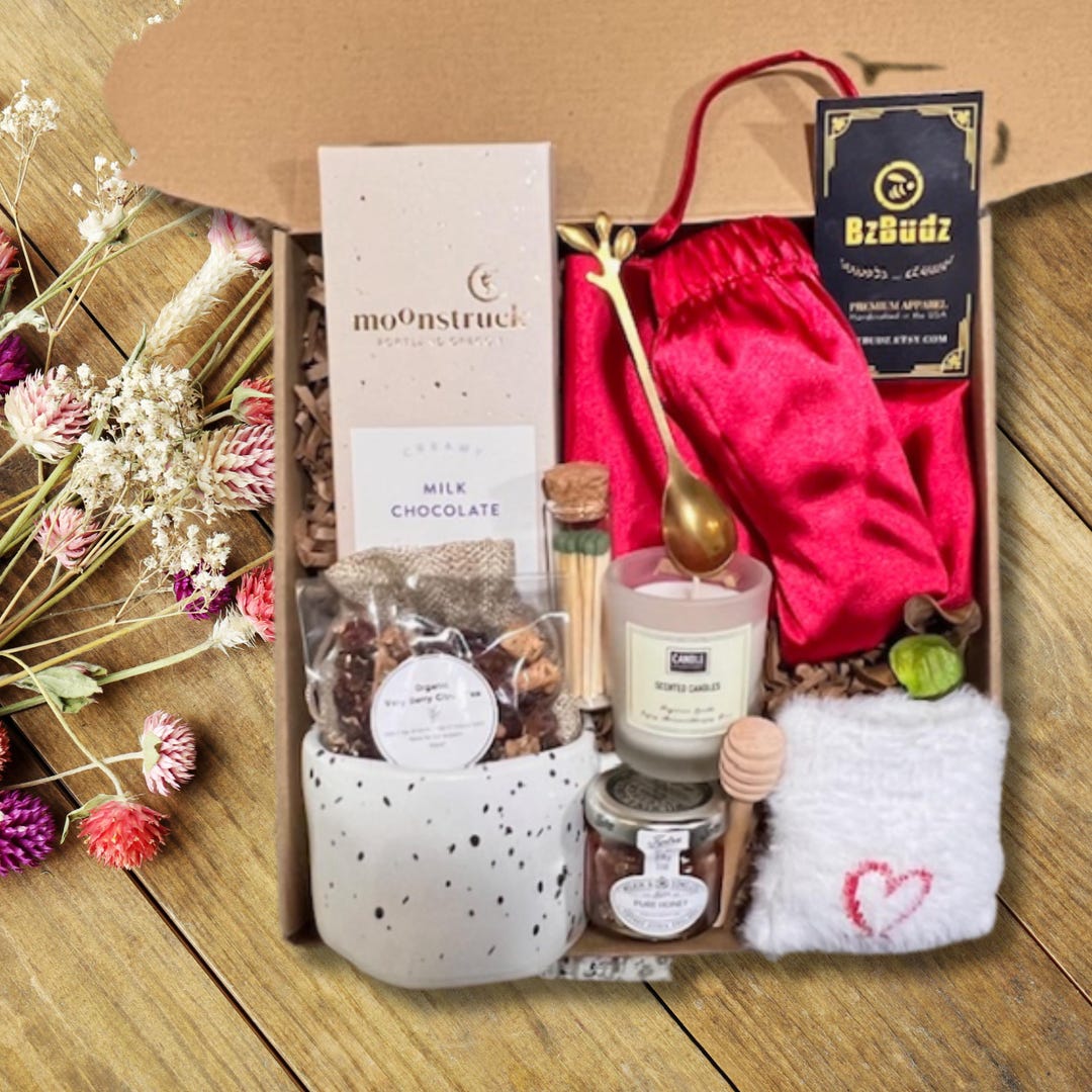 Red Silk Pajama Gift Box Luxury Sleepwear, Mug, Chocolate, Tea and More ...