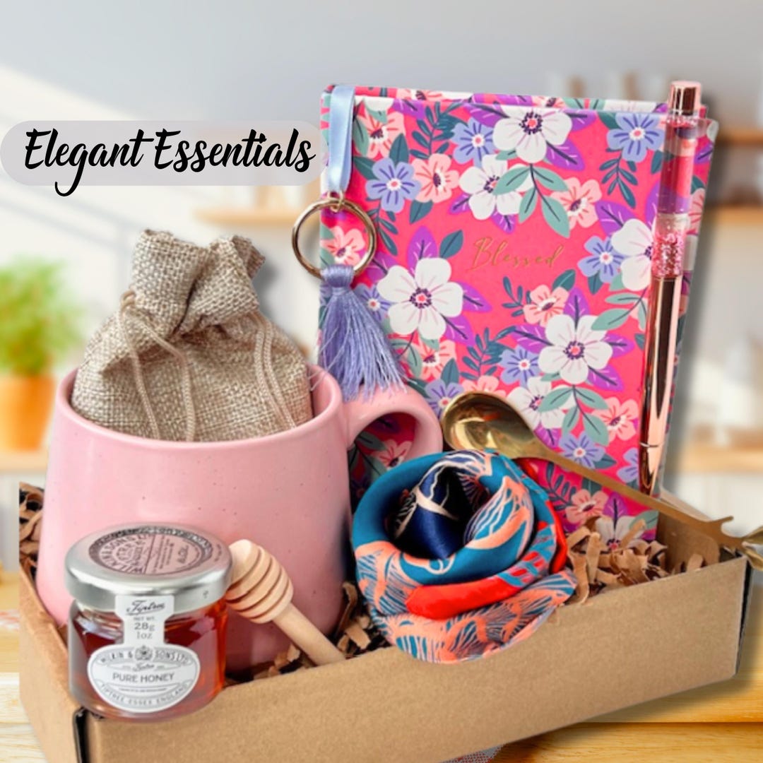 Elegant Essentials Gift Box for Women – Mug, Silk Scarf, Journal, Tea ...