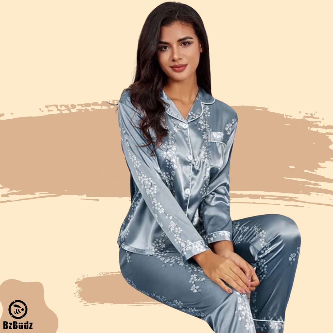 Satin Silk Women's Pajama Set,blue/gray Long Sleeve Shirt and Trousers ...