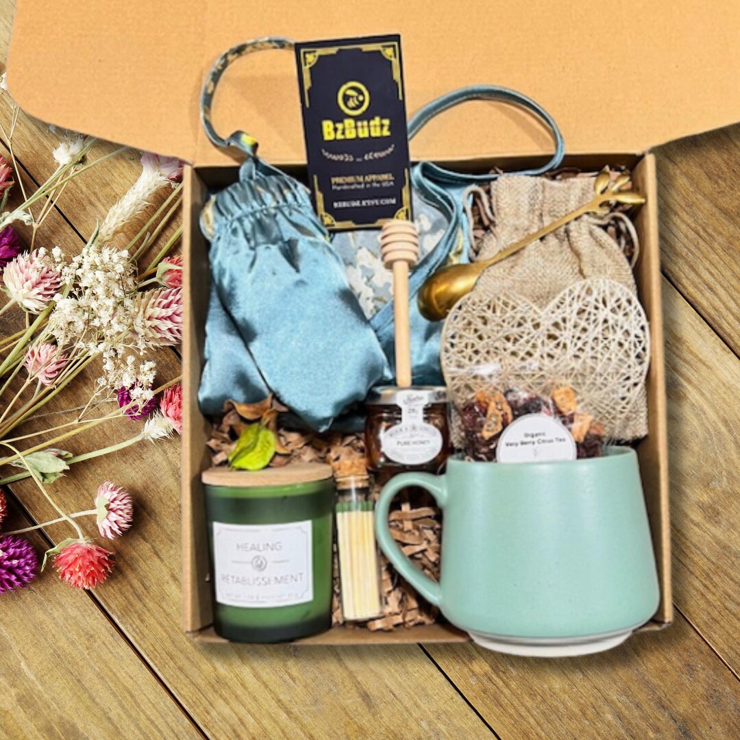 Women’s Luxury Gift Box, Satin Pajamas, Coffee Mug, Organic Tea, Gold ...
