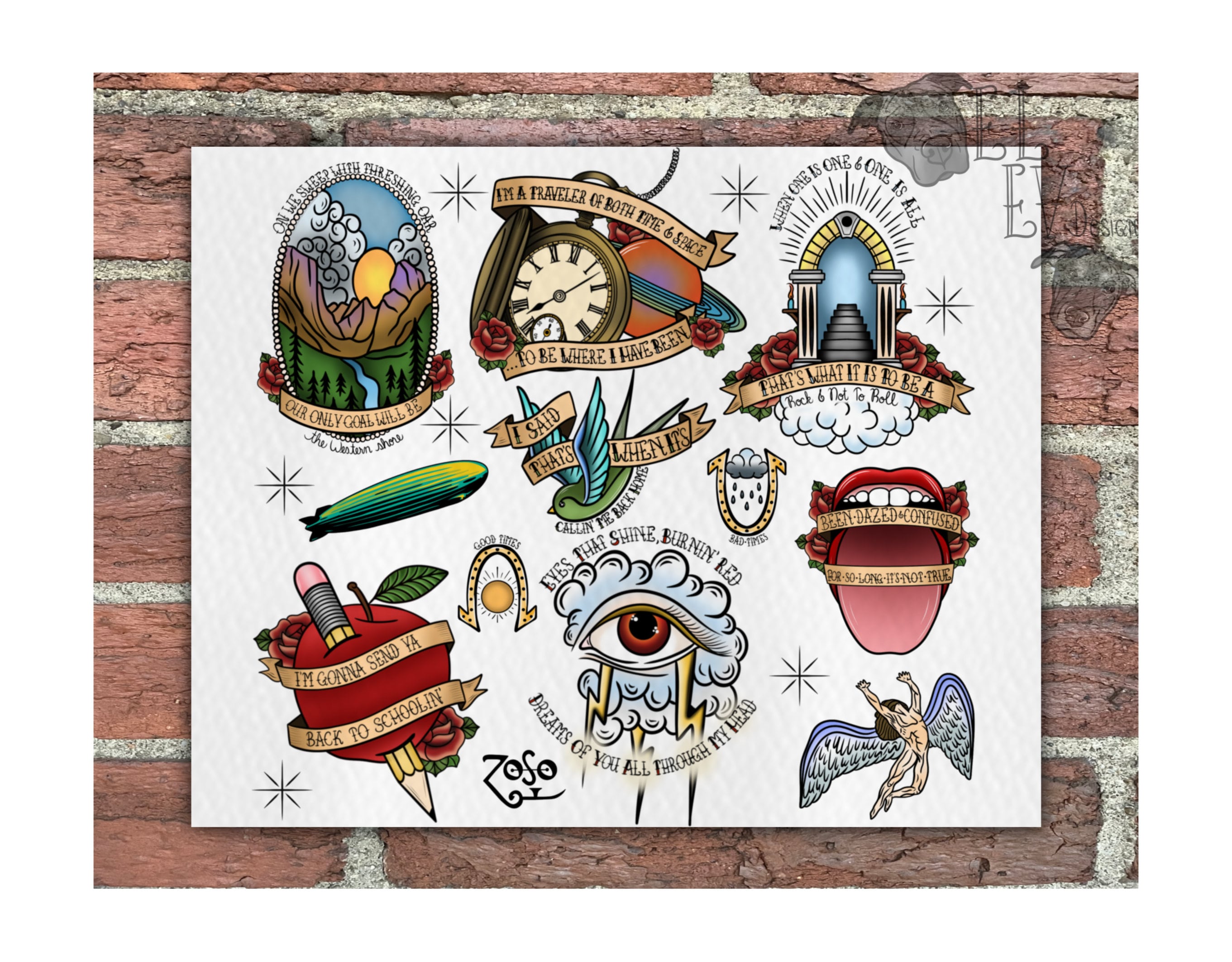 Led Zeppelin Tattoo Flash Print Unframed Prints - Etsy