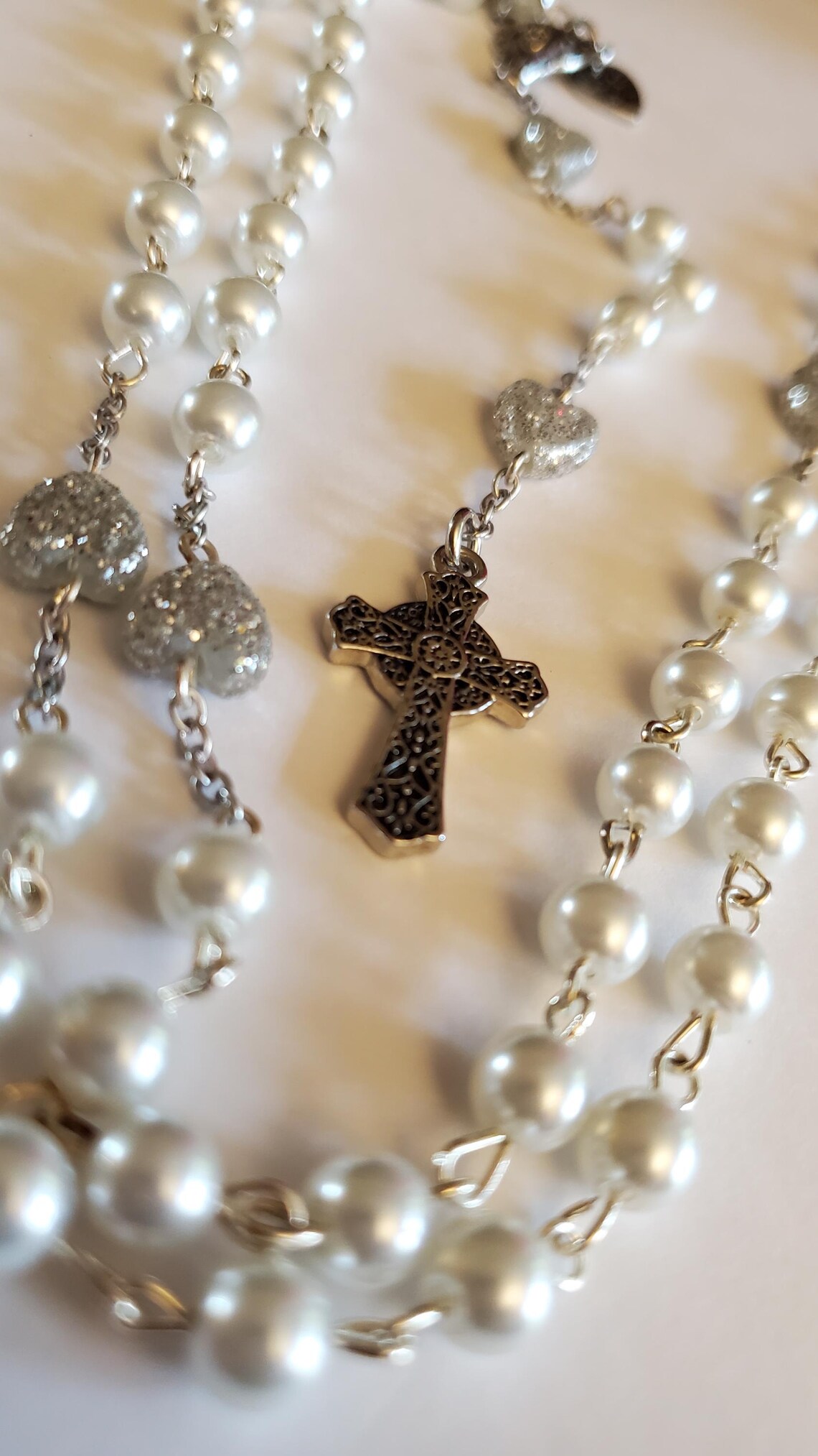 White Rosary With Sparkle Hearts - Etsy