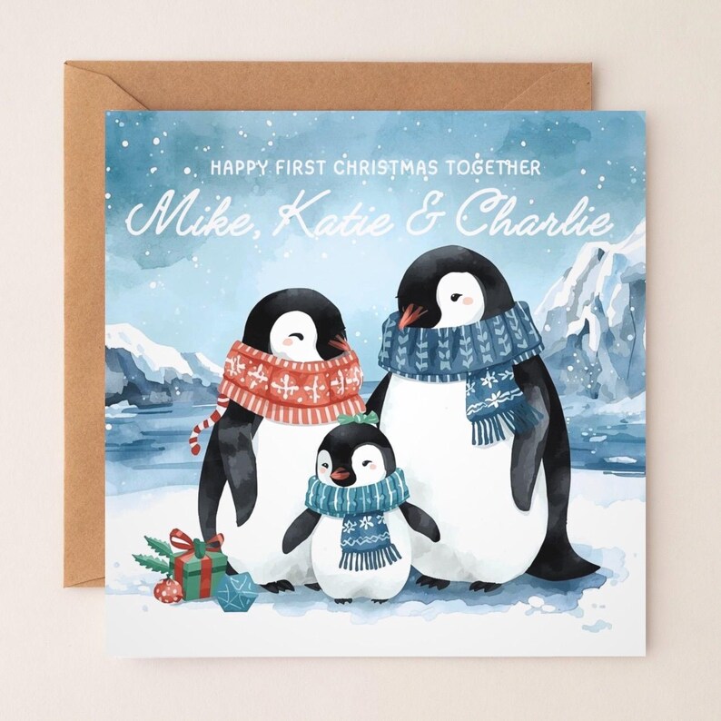 Personalized 1st Christmas Together Card, Penguins, Winter, Family ...