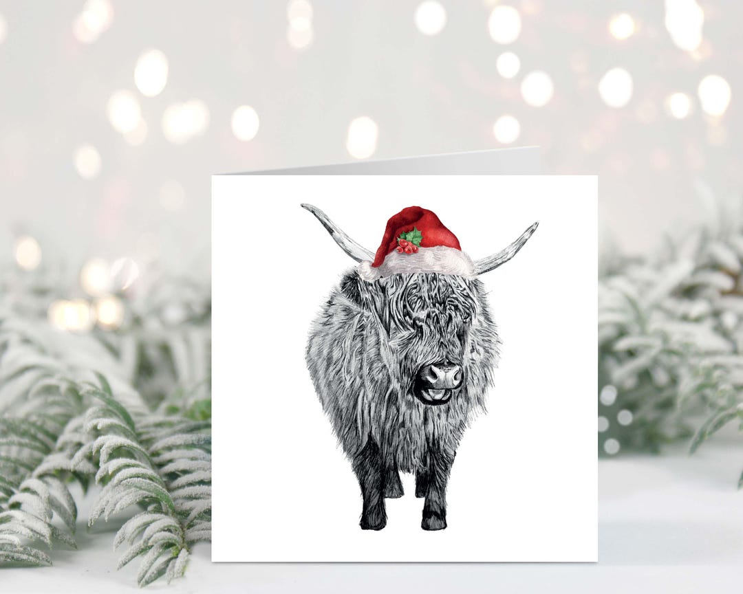 Highland Cow Christmas Card Hand Drawn Blank Card Christmas Card Animal ...