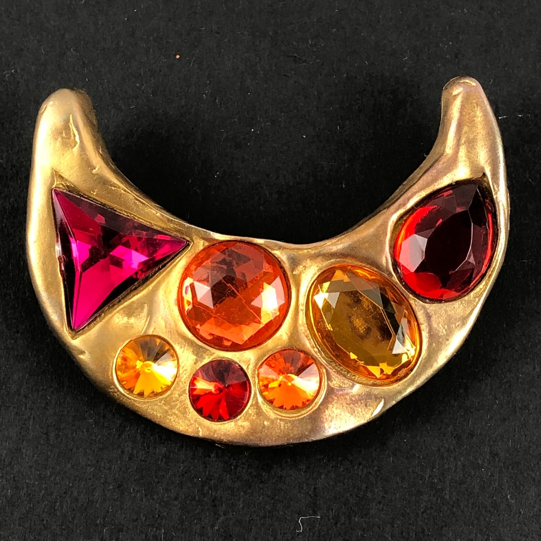 Vintage DON-LIN Multi Color Faceted Glass Matte Gold Crescent Brooch ...