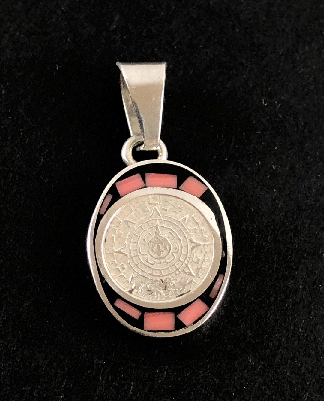 Sterling Silver Aztec or Mayan Calendar Oval Pendant With Coral Chip ...