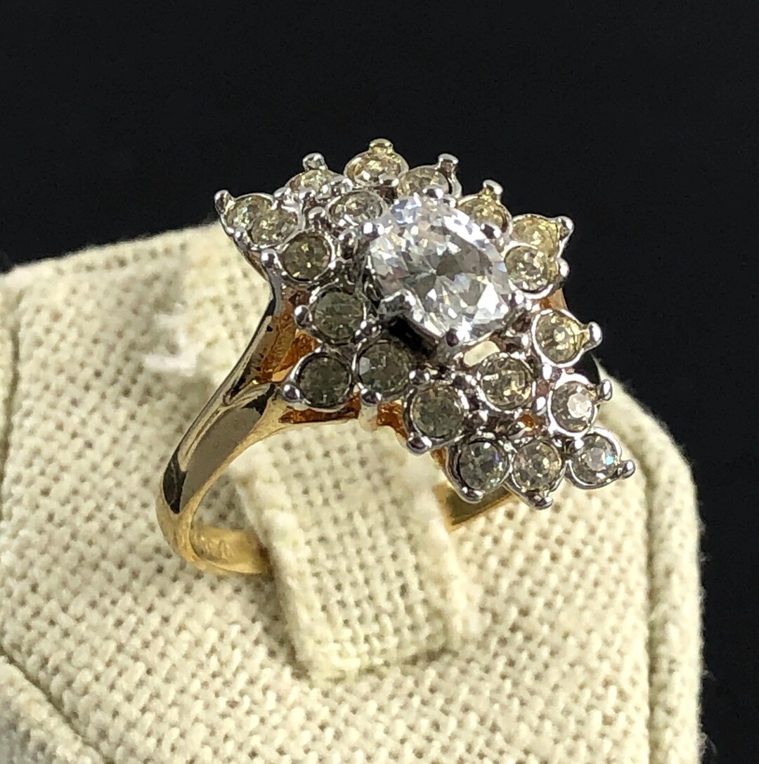 Vintage 18K Gold Electroplated Cocktail Ring With Cubic Zirconium and ...