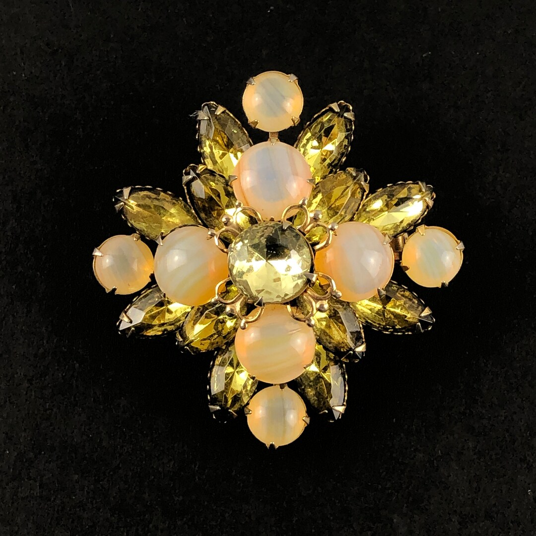 Vintage Opalescent Opaline Opalite Glass Cabochons Faceted Citrine Glass Stones Gold Tone