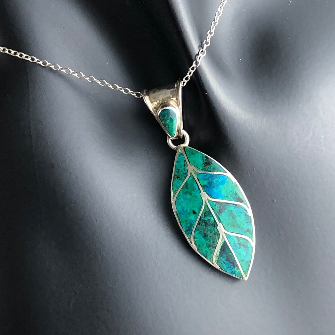 Fine Silver Green Stone Inlay Leaf Shape Pendant Necklace/floral ...