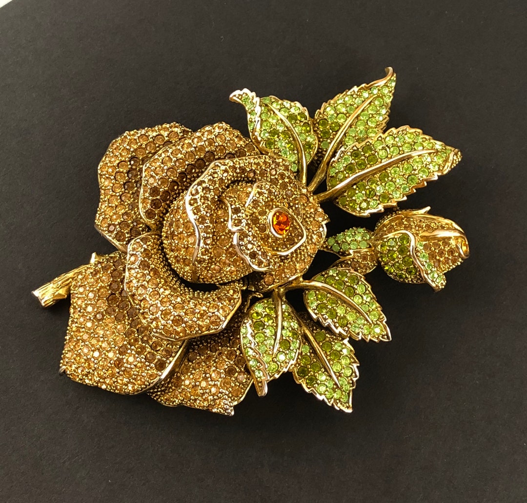 Massive Estate Green and Copper Tone Rhinestones Rose Flower and Bud ...