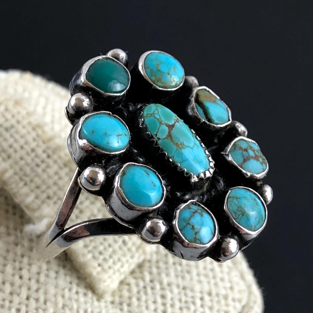 Southwestern Sterling Silver and Snake Eye Turquoise Cluster Shadowbox ...