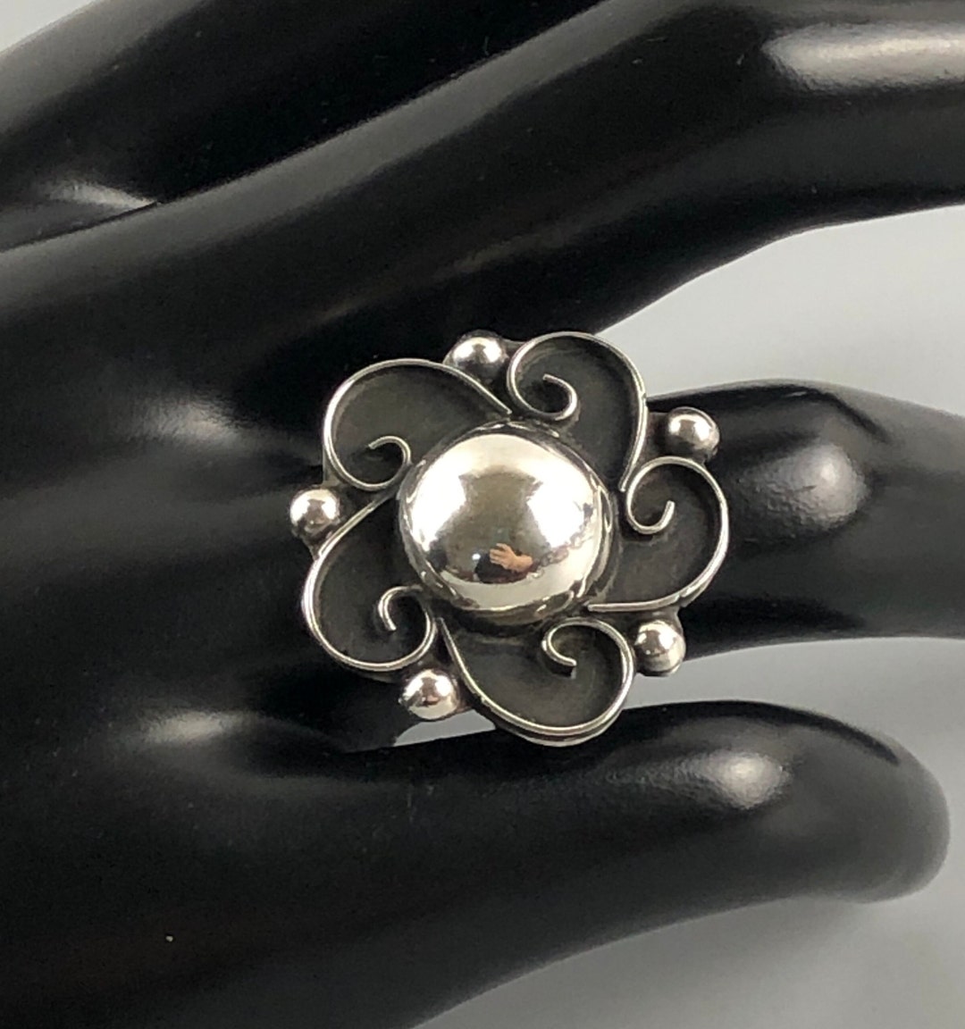 Southwestern Sterling Silver 925 Shadow Box Flower Statement Ring / Mexican Silver / Size 7.5 ...
