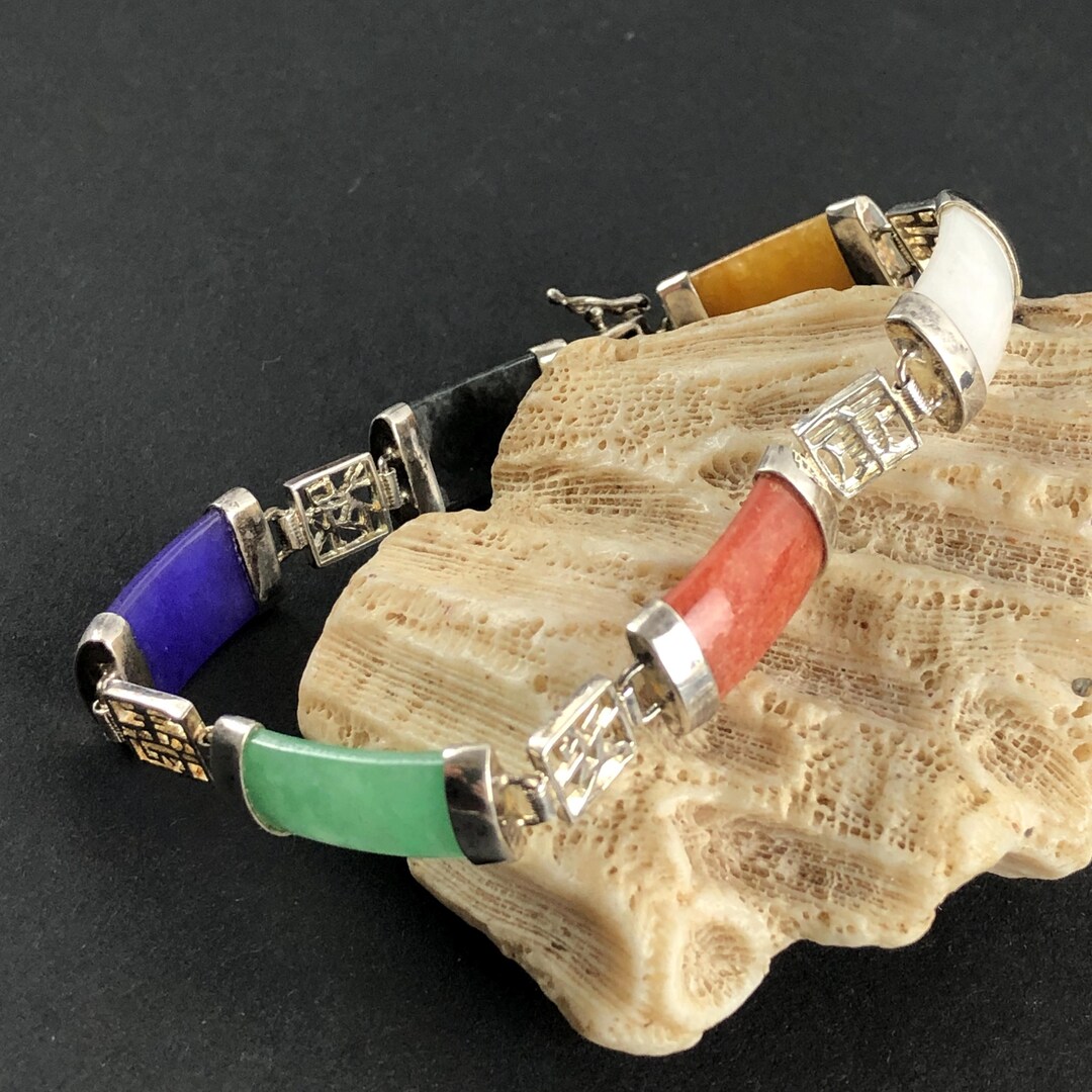 Sterling Silver and Multi Color Jade Gemstone Panel Link Tennis ...