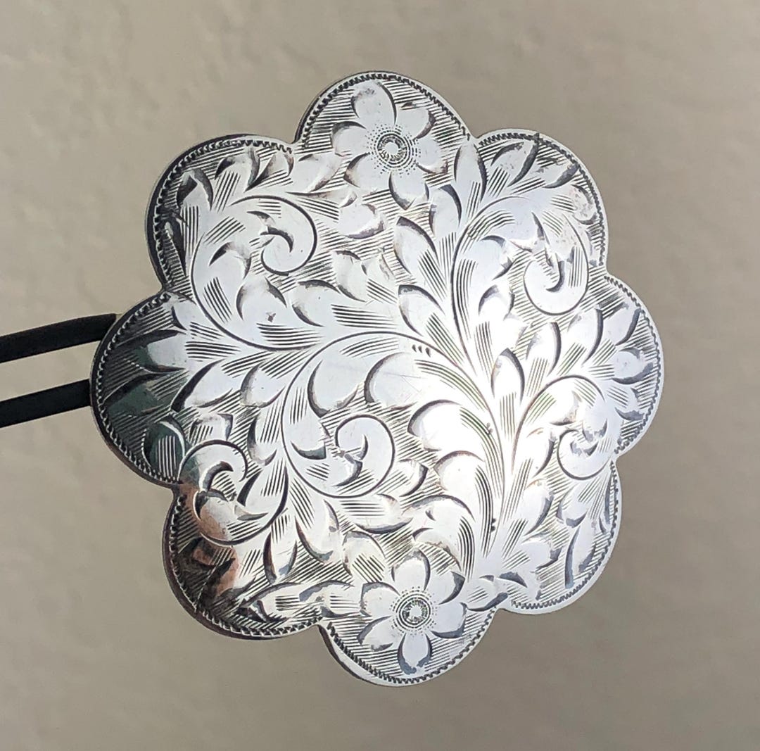 Vintage Etched Sterling Silver Domed Brooch / Engraved Design ...