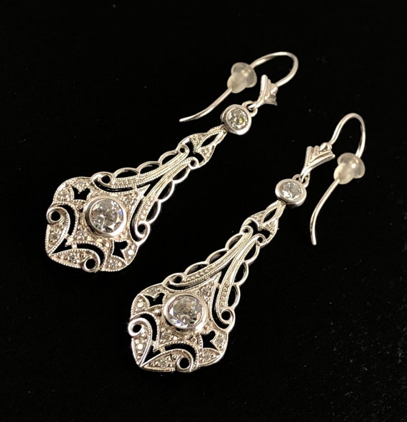 Vintage Stauer Sterling Silver 925 and Diamond Aura Cubic Zirconia CZ Art Deco Style Statement Dangle Earrings Etsy