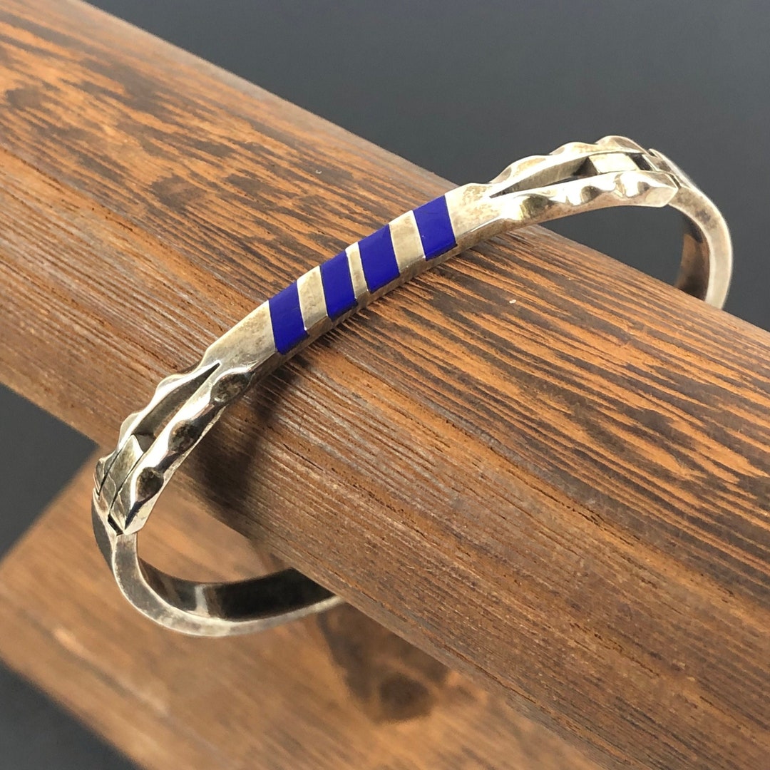 Taxco TLM-10 Sterling Silver Blue Stone Inlay Hinged Bangle Bracelet ...