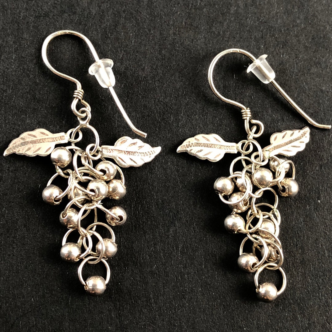 Sterling Silver 925 Cha-cha Ear Wire Pierced Statement Earrings, Silver Balls and Stamped Leaves ...
