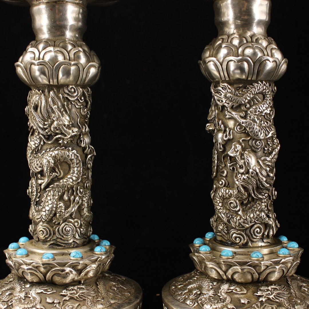 A Pair of Chinese Statue Hand-carved Pure Copper Inlaid With Precious ...
