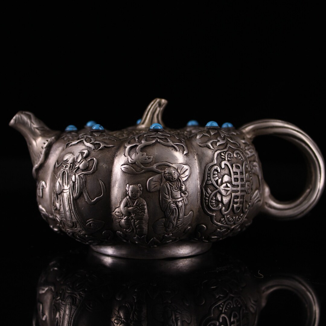 Chinese Antique Hand-carved Pure Copper Gilt Silver Gem Pumpkin Pot Can ...