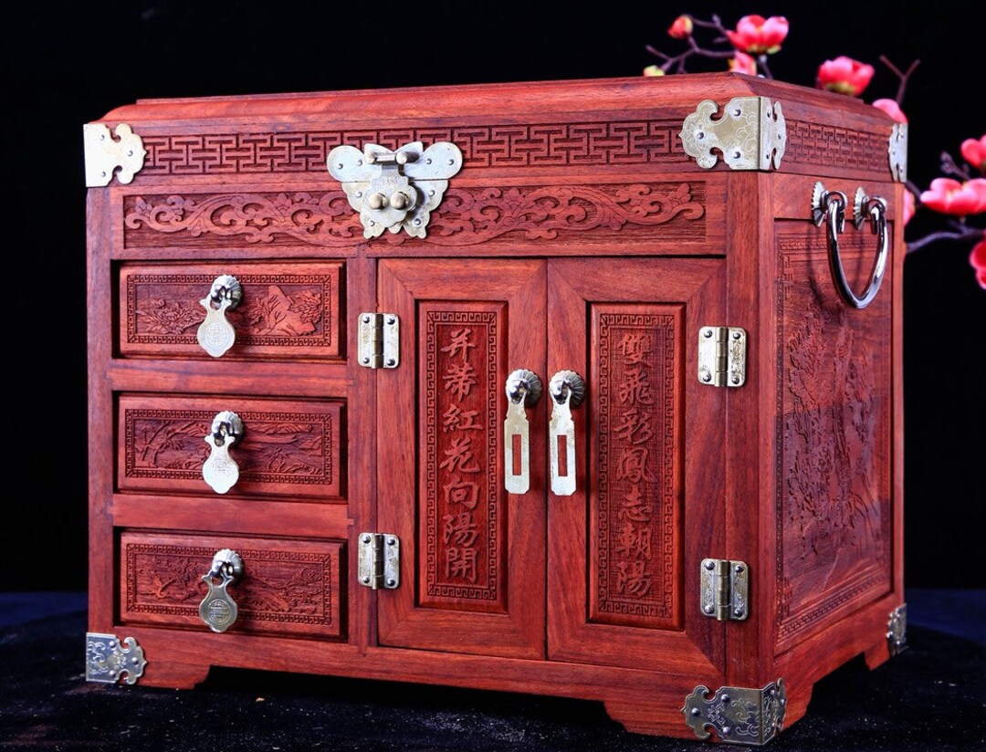 Chinese Antique Natural Blood Sandalwood Jewelry Box Sculpture Pure ...