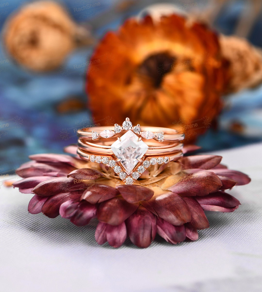 Vintage Kite Cut Engagement Ring Set 10k Gold/ Three Stacking Wedding ...