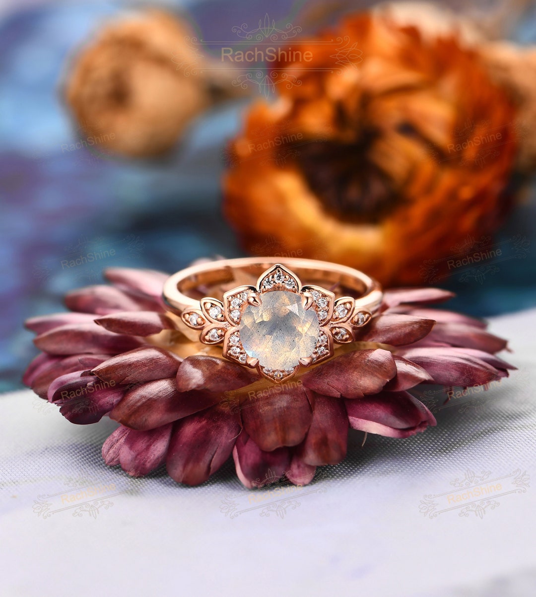 Fire Blue Labradorite Wedding Ring, 14k Rose Gold Halo Engagement Ring ...