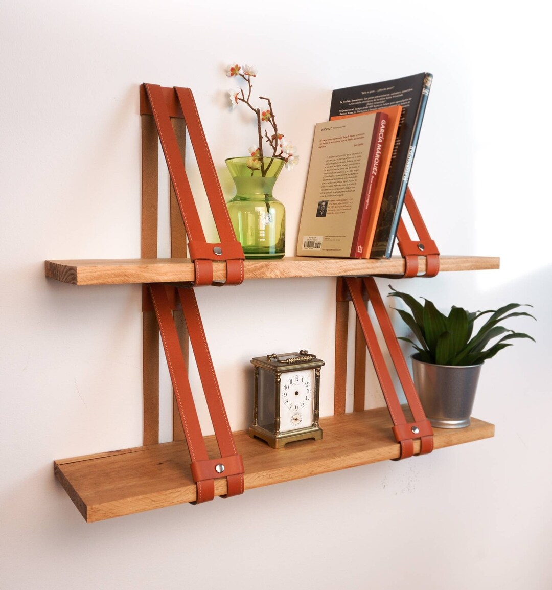 Leather Shelf Straps, Nut Color, Chic Office Decor, Handmade Storage ...