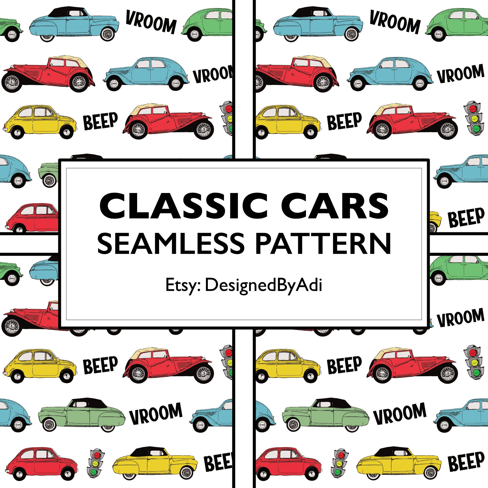 Classic Cars Seamless Pattern Vintage Car Digital Paper for Personal ...