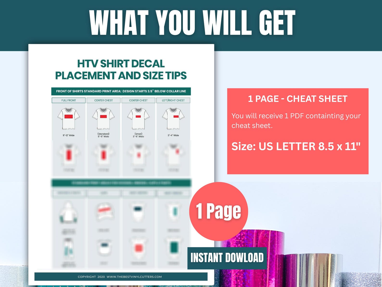 HTV Shirt Decals Placement and Size Chart Printable Cheat Sheet | Heat ...